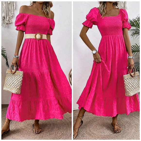 Dresses | New Flowy Puffed Sleeve Smocked Tiered Long Dress Hot Pink ...